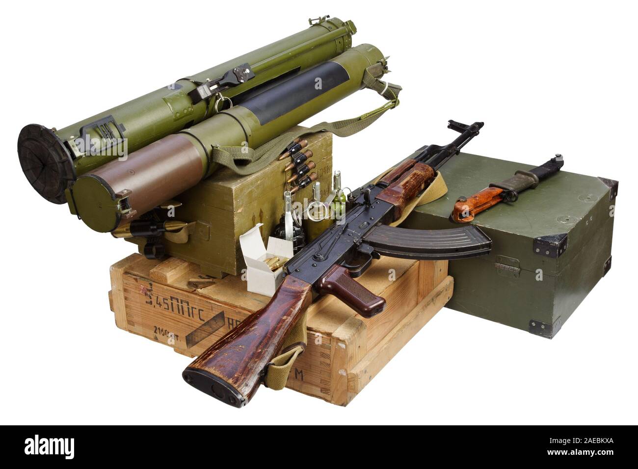 Army box of ammunition with AK47 rifle and ammunition isolated. Text on ...