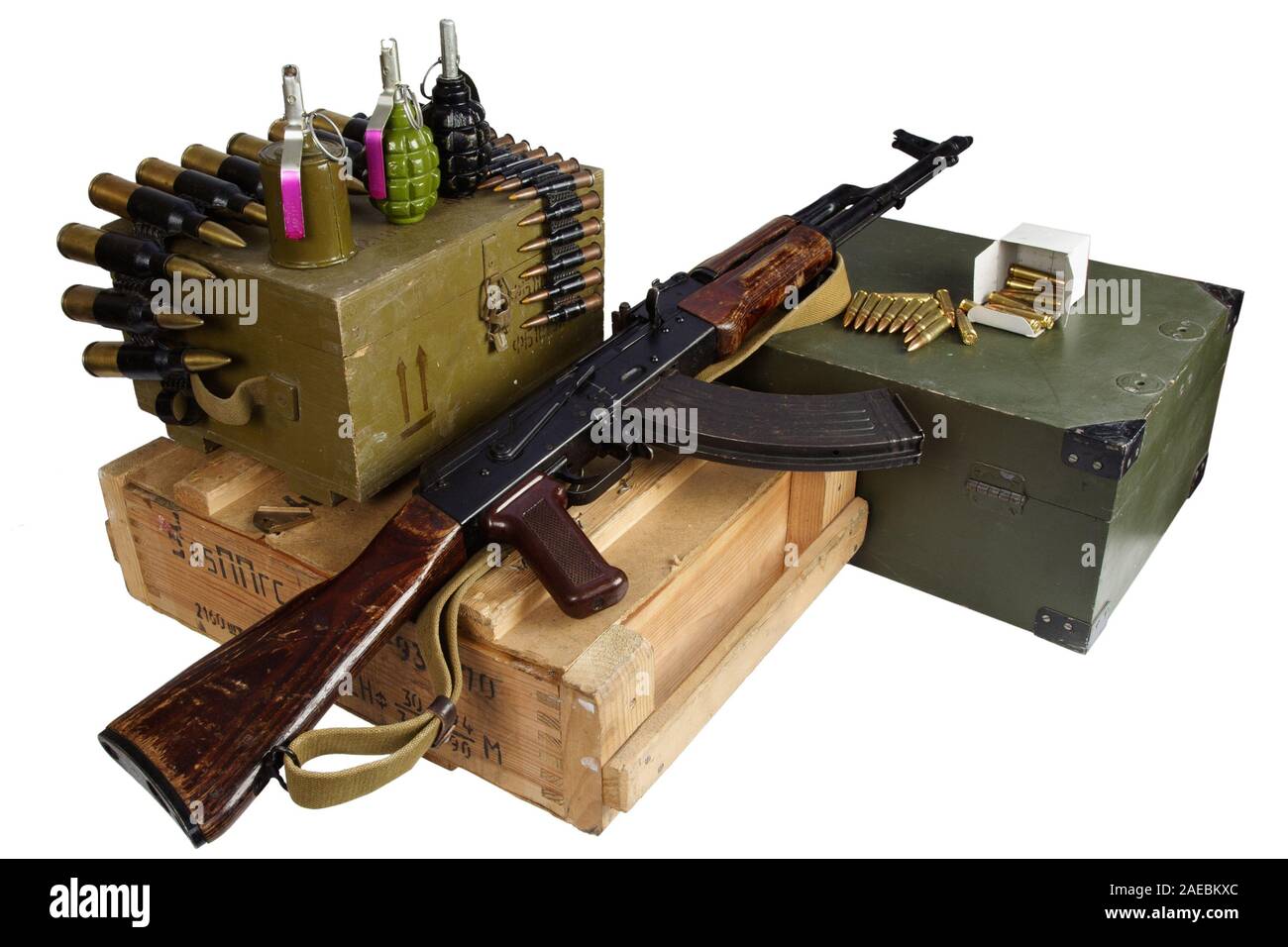 Army box of ammunition with AK47 rifle and ammunition isolated. Text on ...