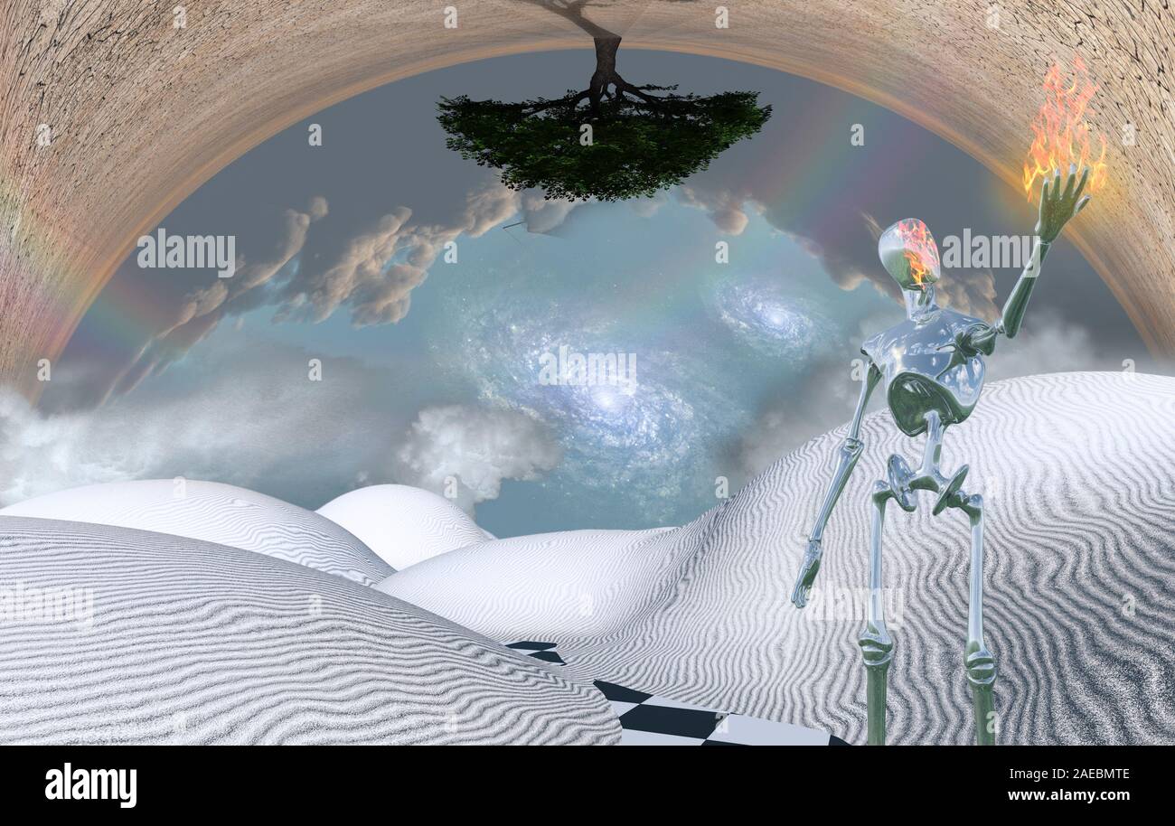 Surreal white desert. Alien holds earth in his hand. Green tree upside ...