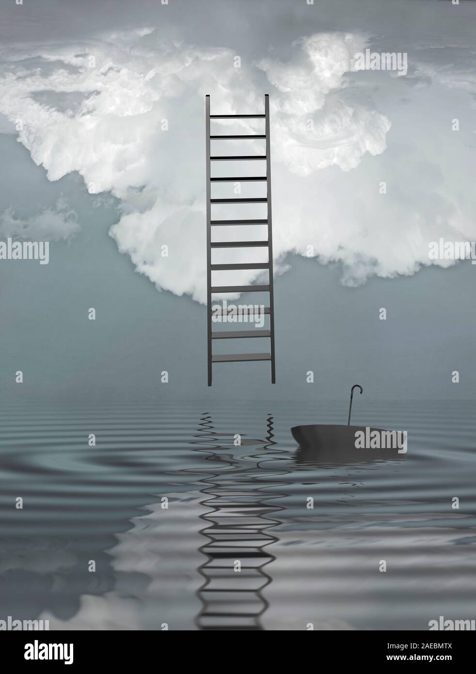 Ladder reflected in water with floating umbrella Stock Photo - Alamy