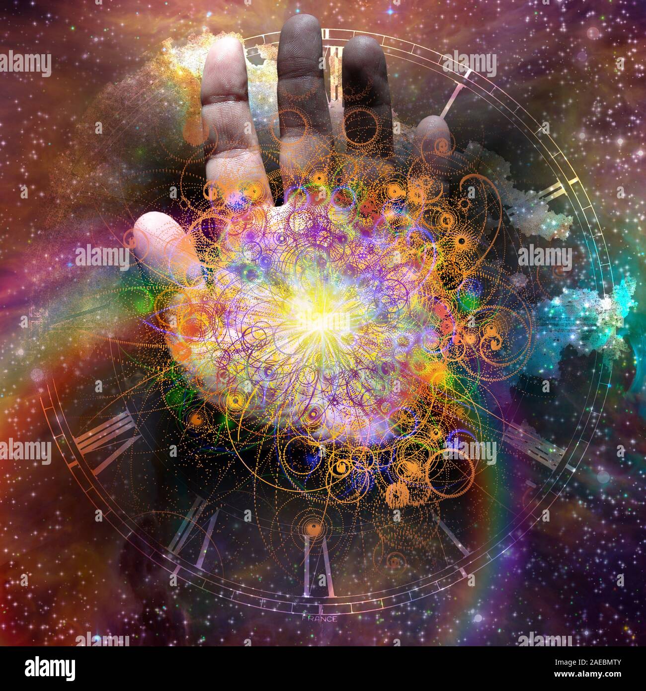 Aged clock and hand design. Touch of God Stock Photo - Alamy