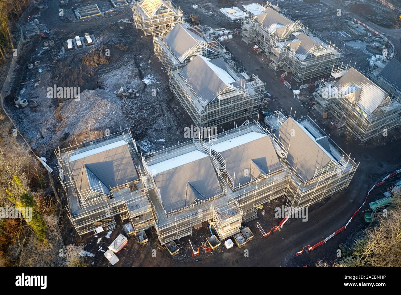Housing development aerial view in construction on rural countryside ...