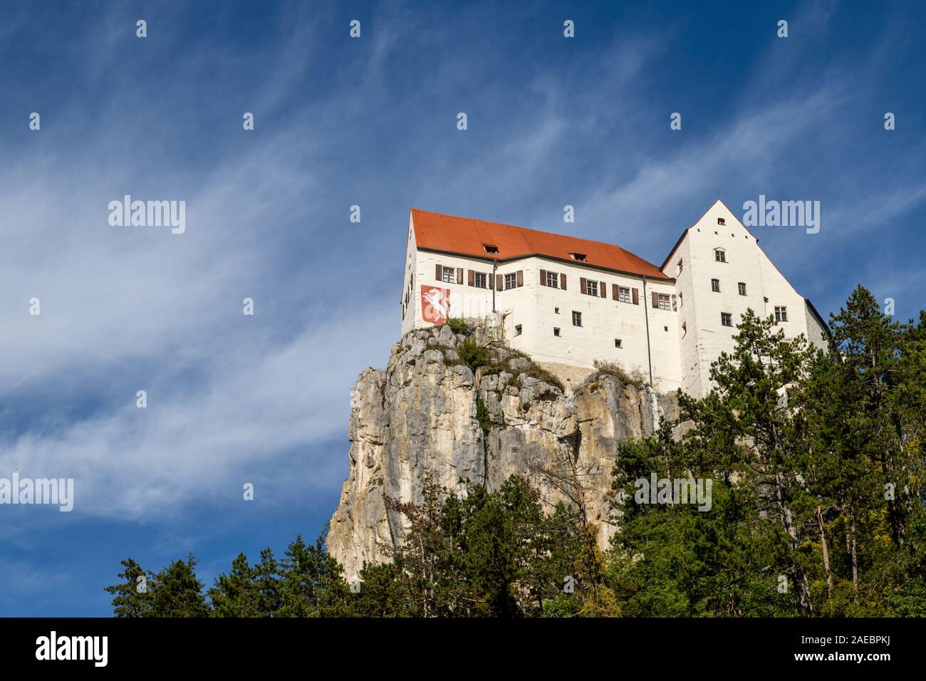 Castle Prunn on a steep limestone rock in the river Altmuehl valley ...