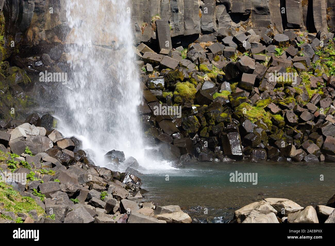 The lower part of the beautiful Svartifoss falling onto lots of basalt ...