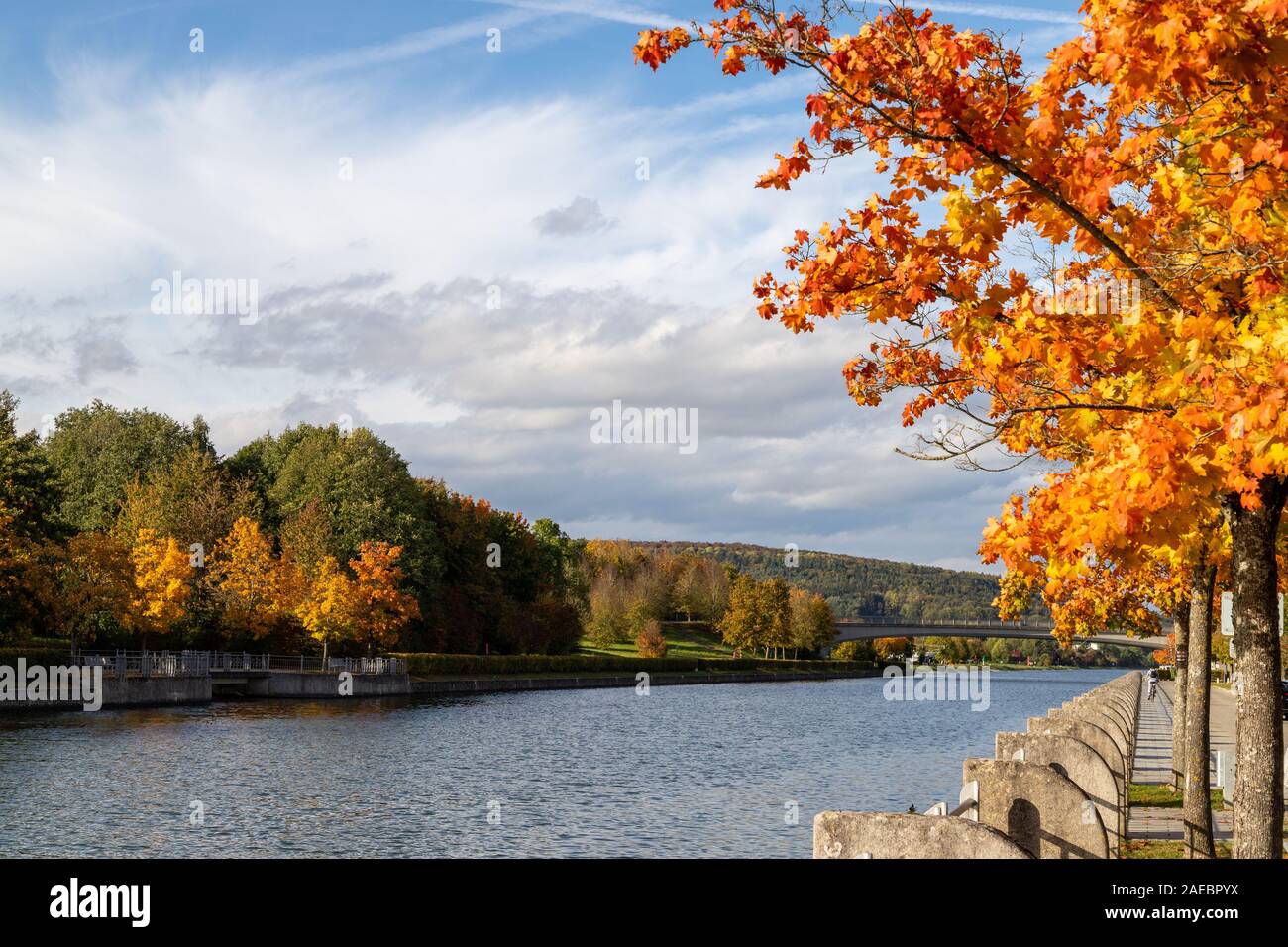 Autumn landscape with multicolored trees and the Altmuehl river in ...