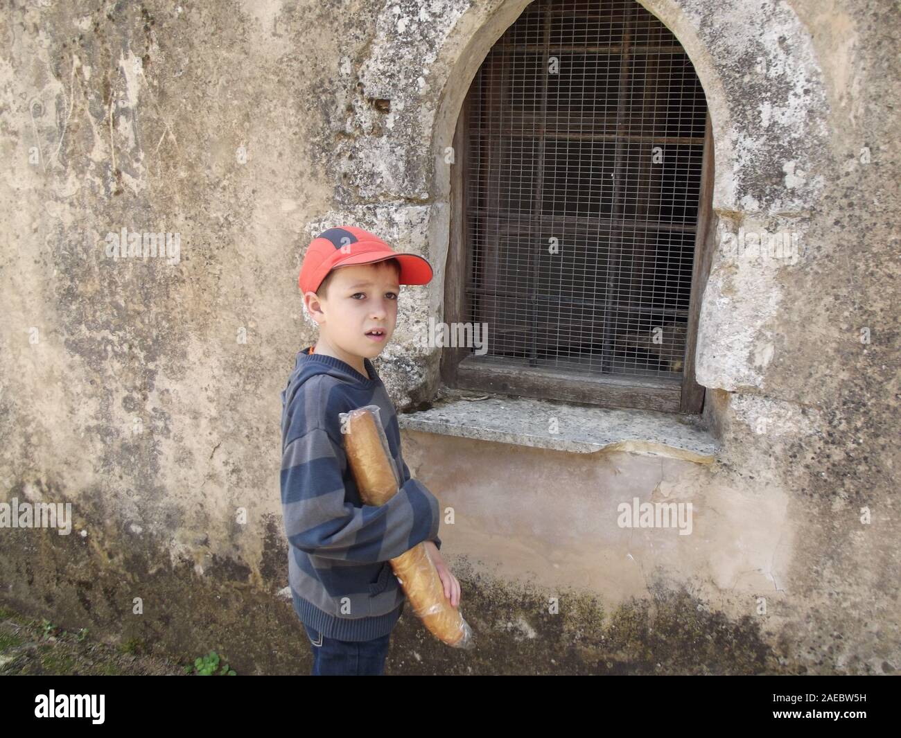 Boy visiting Crete, Greece. Child traveling and sightseeing with vather ...