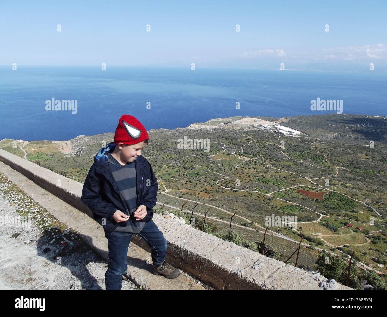 Boy visiting Crete, Greece. Child traveling and sightseeing with vather ...