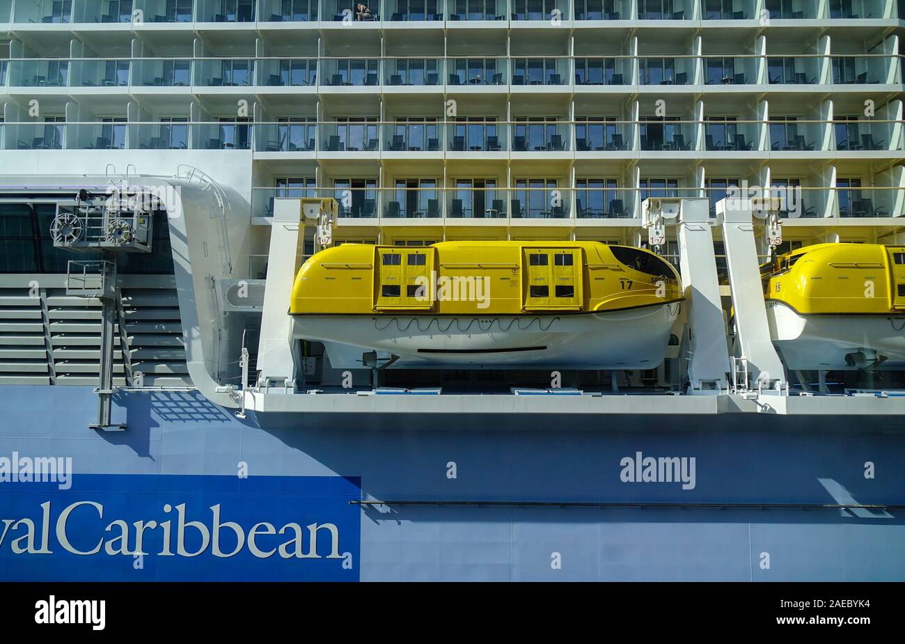 Shanghai, China - Jun 3, 2019. Cruise ship emergency safety rescue boat ...