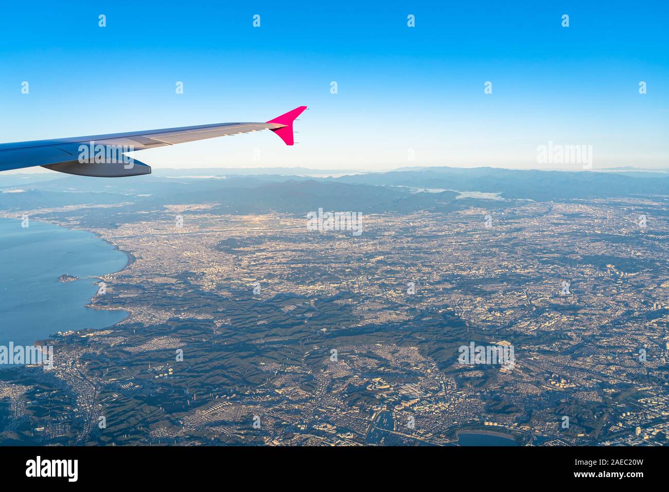 Aerial view of Shonan region in sunrise time with blue sky horizon ...