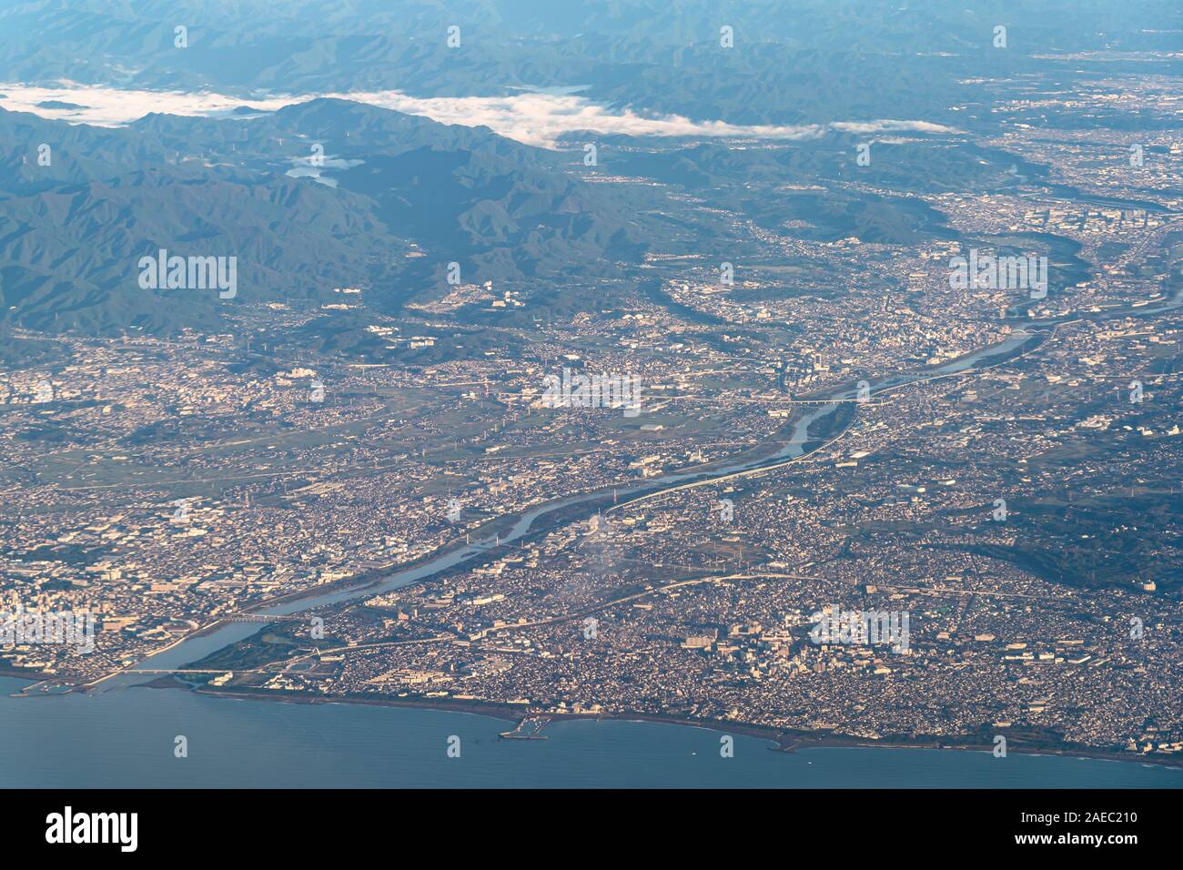 Aerial view of Shonan region in sunrise time with blue sky horizon ...