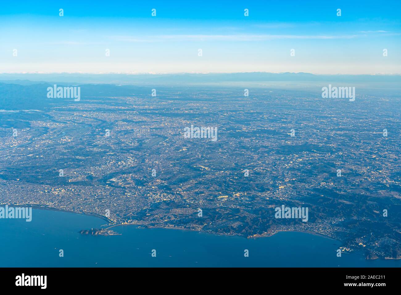 Aerial view of Shonan region in sunrise time with blue sky horizon ...