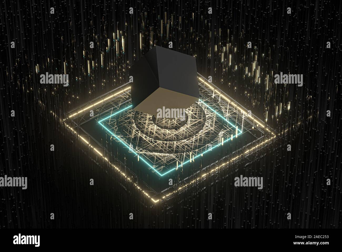 The cube floats above the glowing cubes, 3d rendering. Computer digital ...