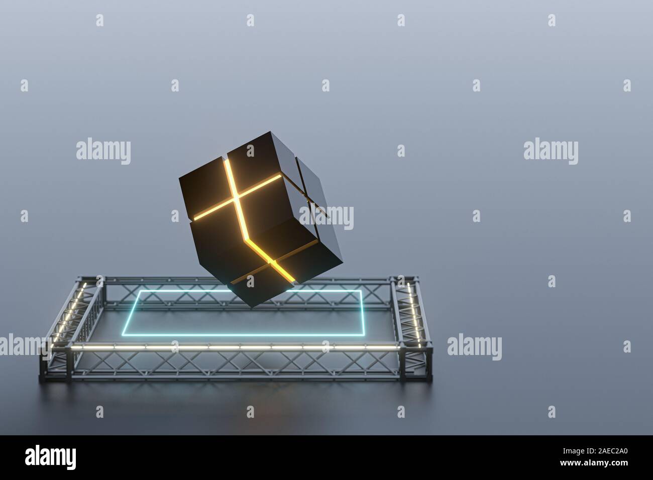 The cube floats above the glowing cubes, 3d rendering. Computer digital ...