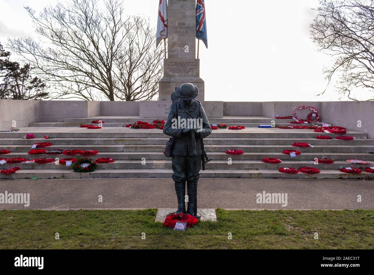 Life-size WW1 statue of a young soldier. Southend on Sea, UK Stock ...