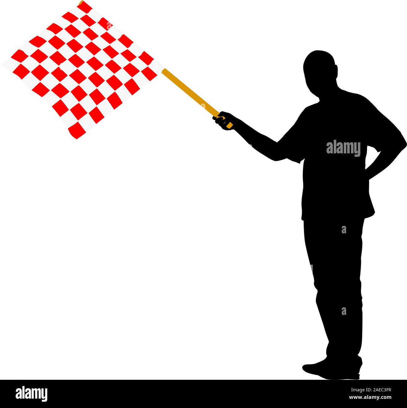 Man waving at the finish of the red white, checkered flag. Vector ...