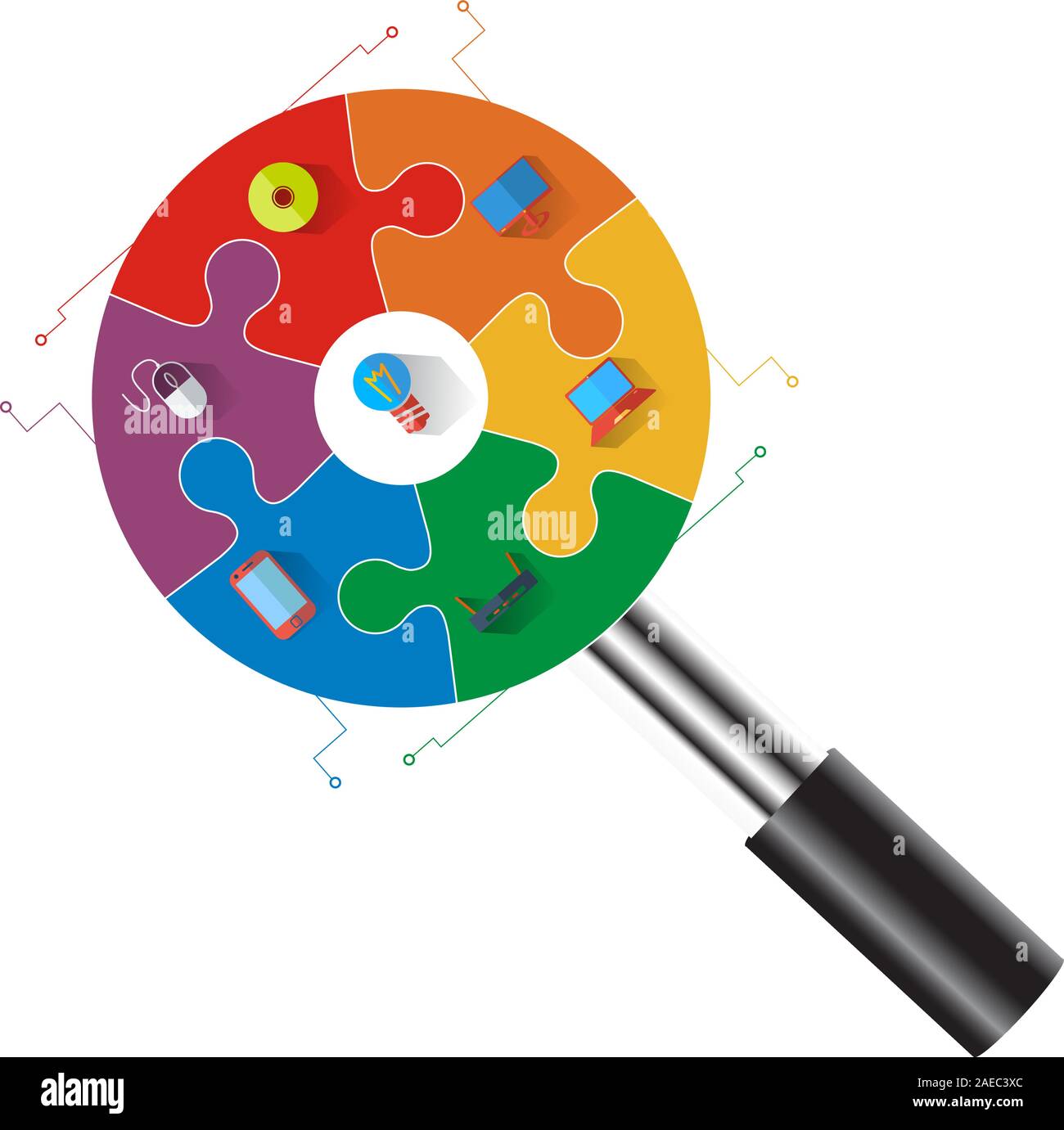 Infographics report templates in the form of a magnifying glass jigsaw ...