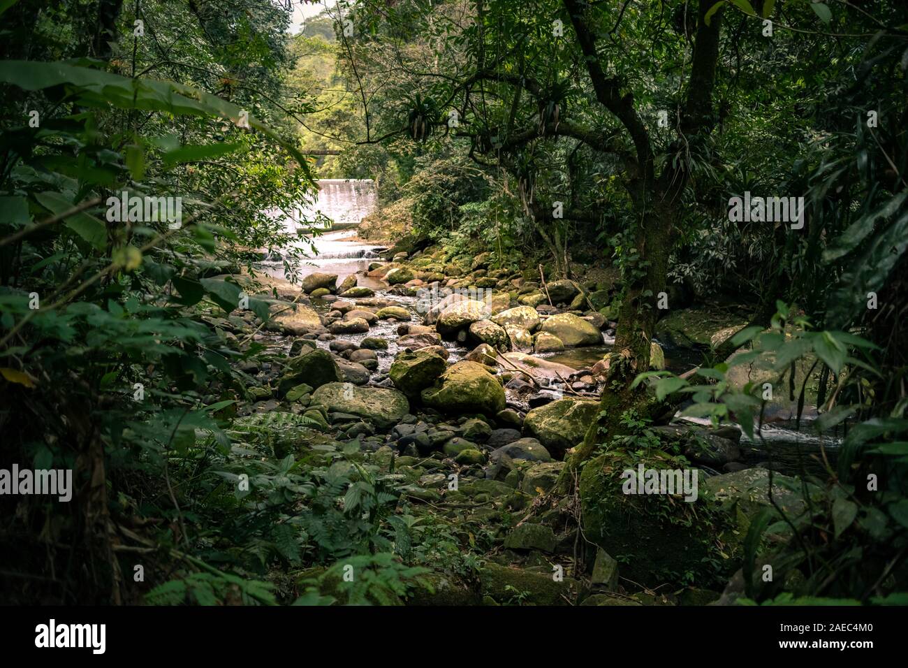 Big waterfall with river and rocks, inside rainforest, Rio de Janeiro ...