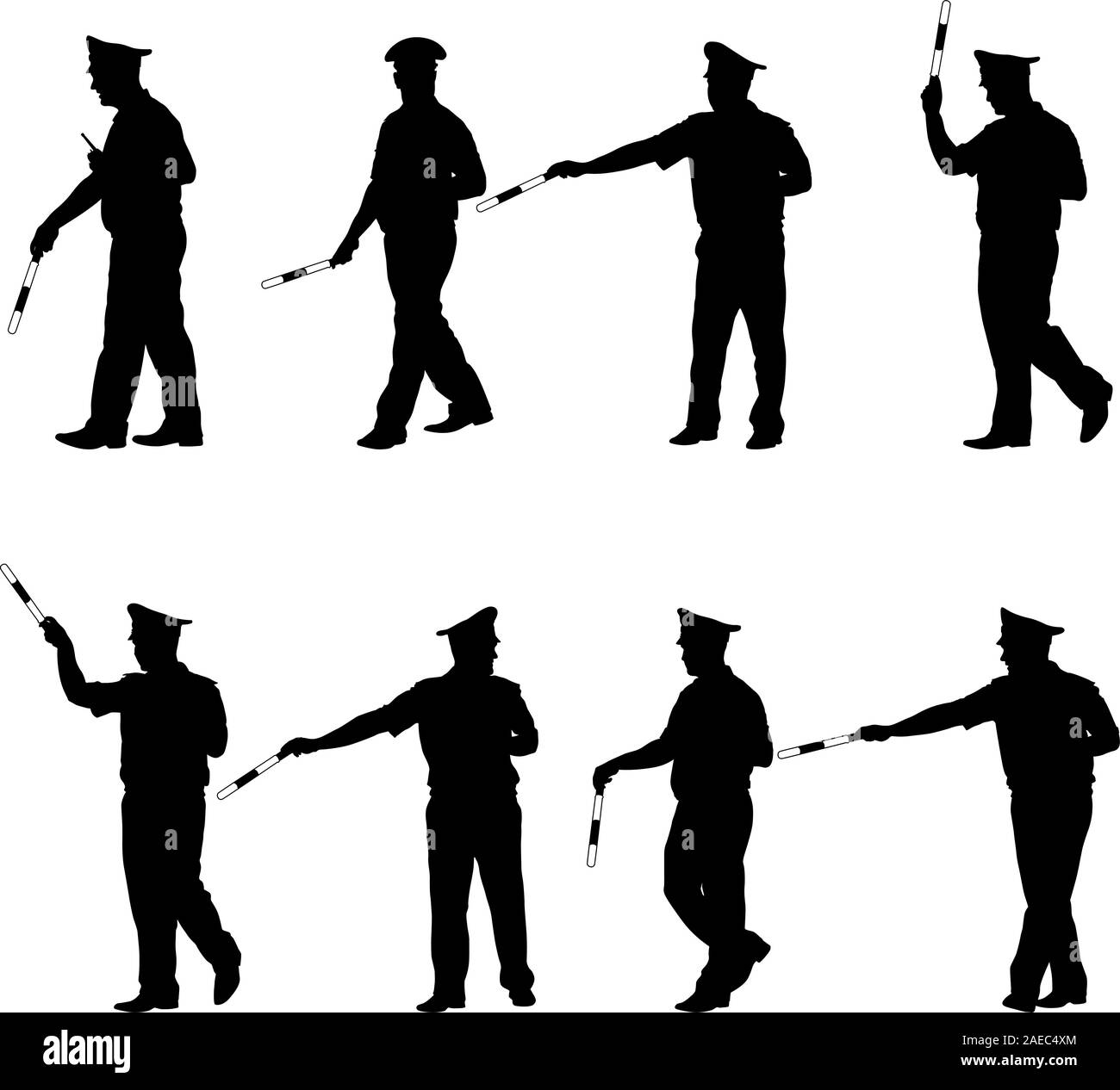 Set black silhouettes Police officer with a rod on white background ...