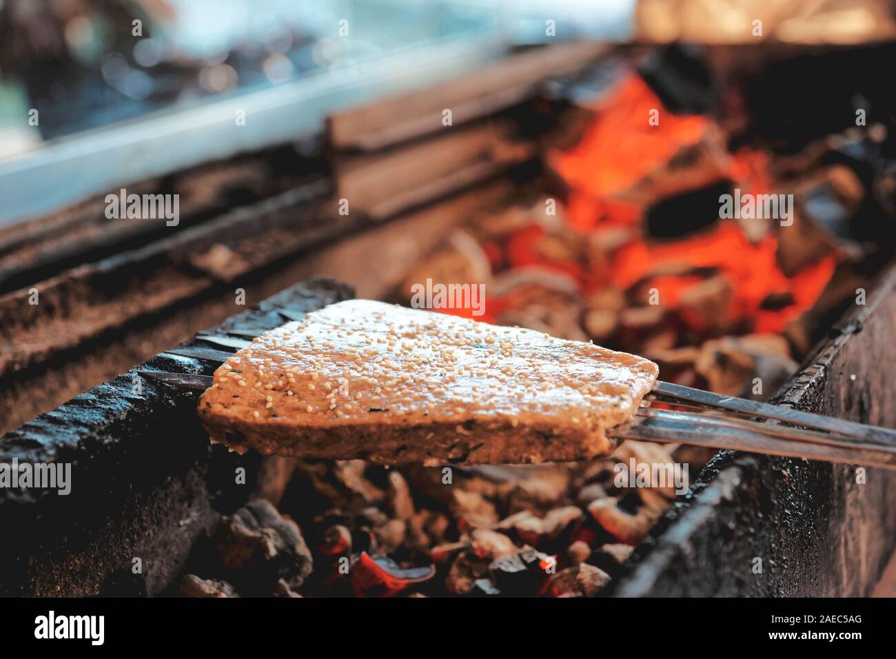 Luleh kebab (minced meat on spits, Middle Eastern staple) being fried ...