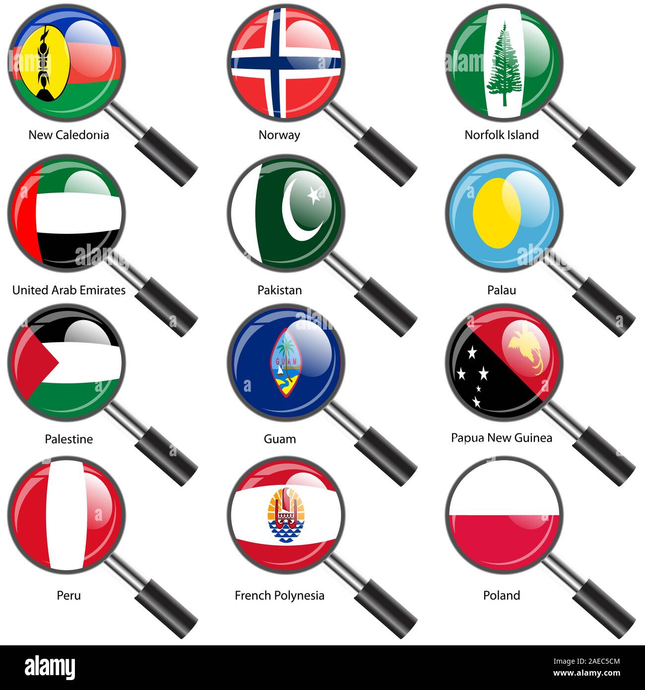 Set Flags of world sovereign states Magnifying glass. Vector ...