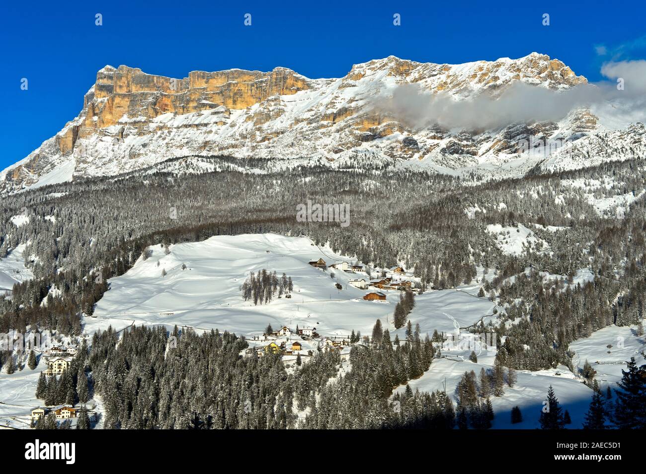 Mountainous winter landscape at Alta Badia with peak Sasso di Santa ...