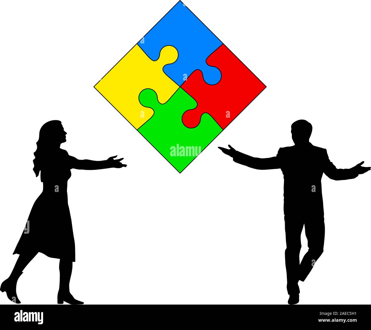 Jigsaw puzzle hold silhouettes of men and women. Vector illustration ...