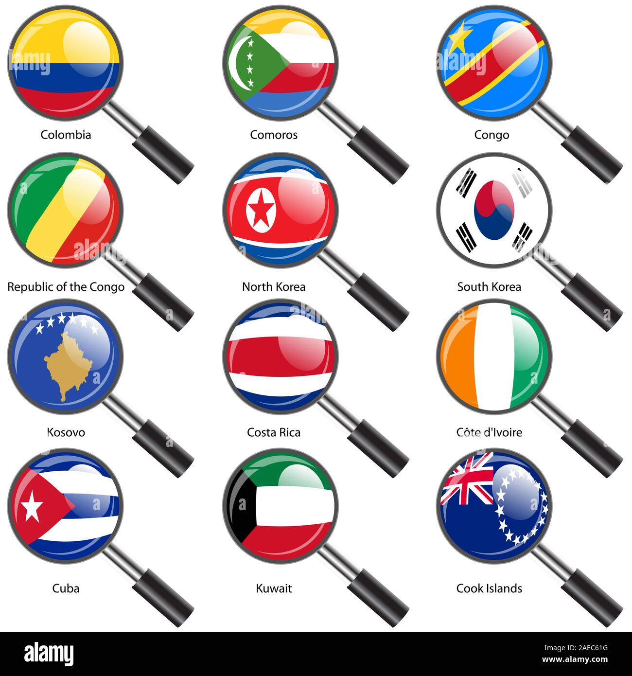 Set Flags of world sovereign states Magnifying glass. Vector ...