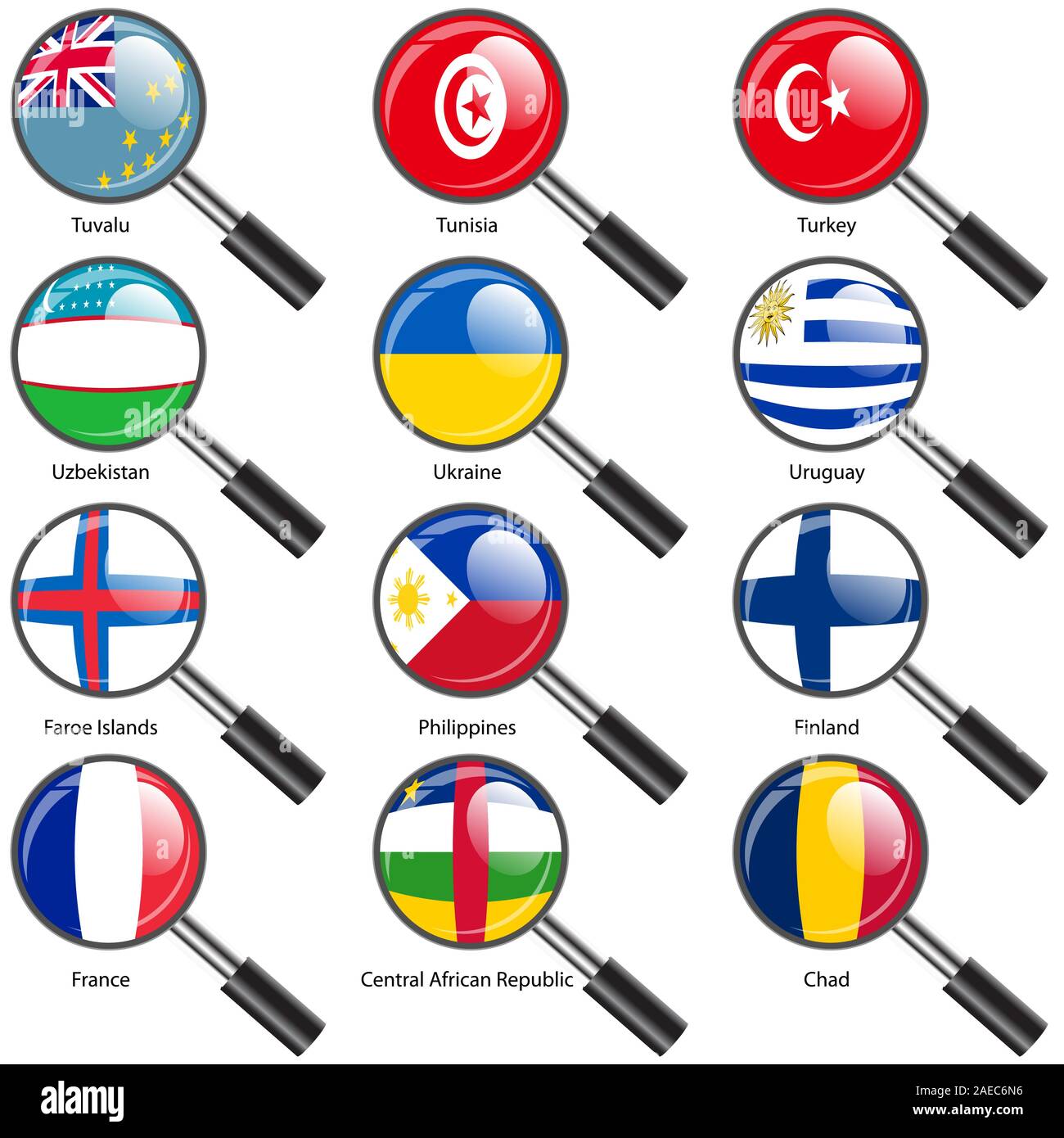 Set Flags of world sovereign states Magnifying glass. Vector ...