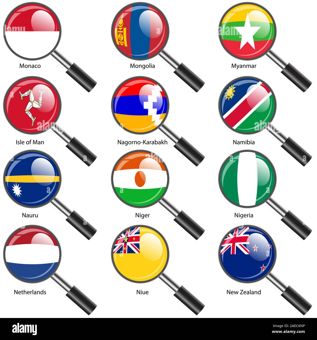 Set Flags of world sovereign states Magnifying glass. Vector ...