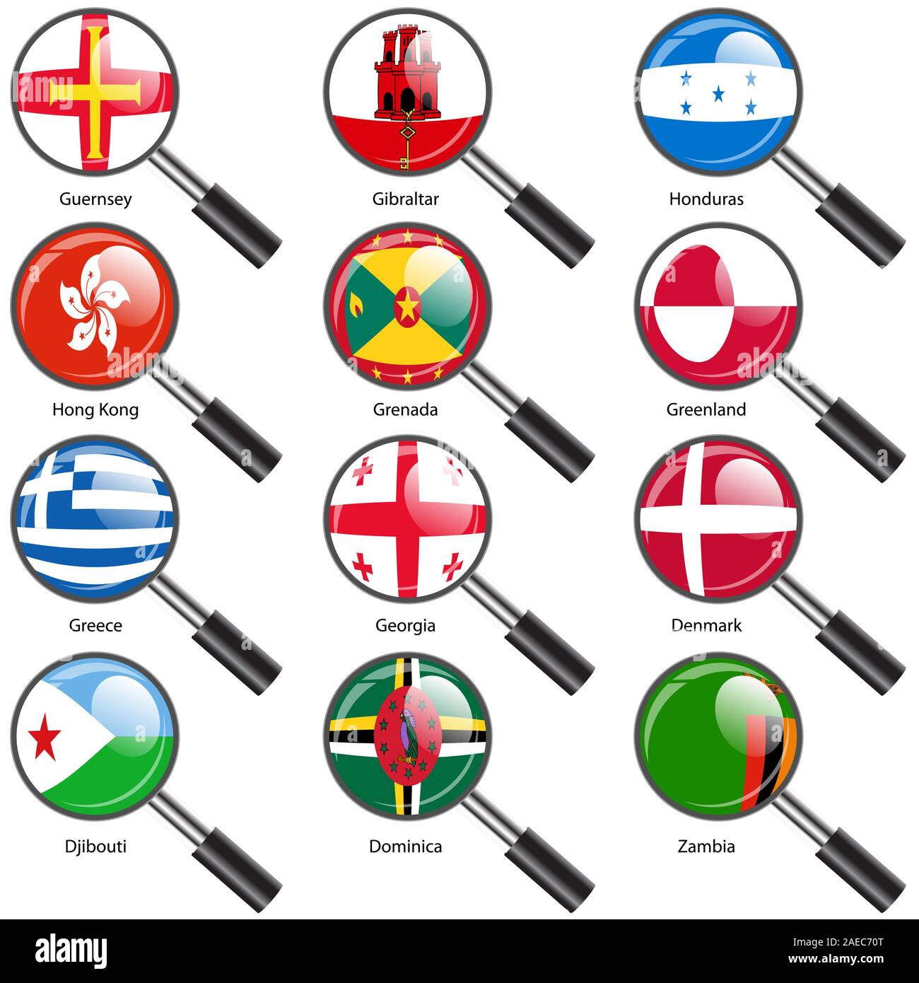 Set Flags of world sovereign states Magnifying glass. Vector ...