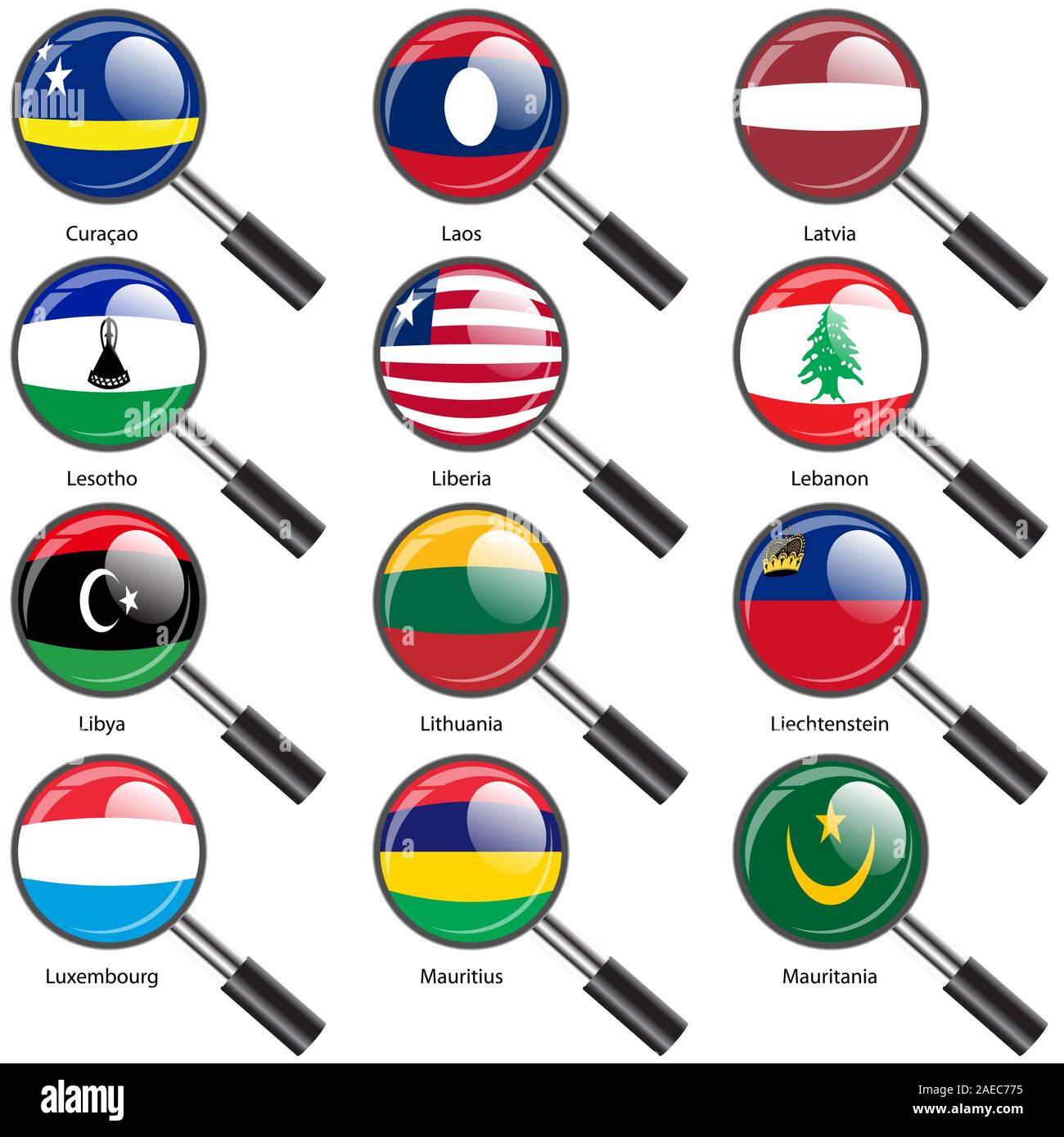 Set Flags of world sovereign states Magnifying glass. Vector ...