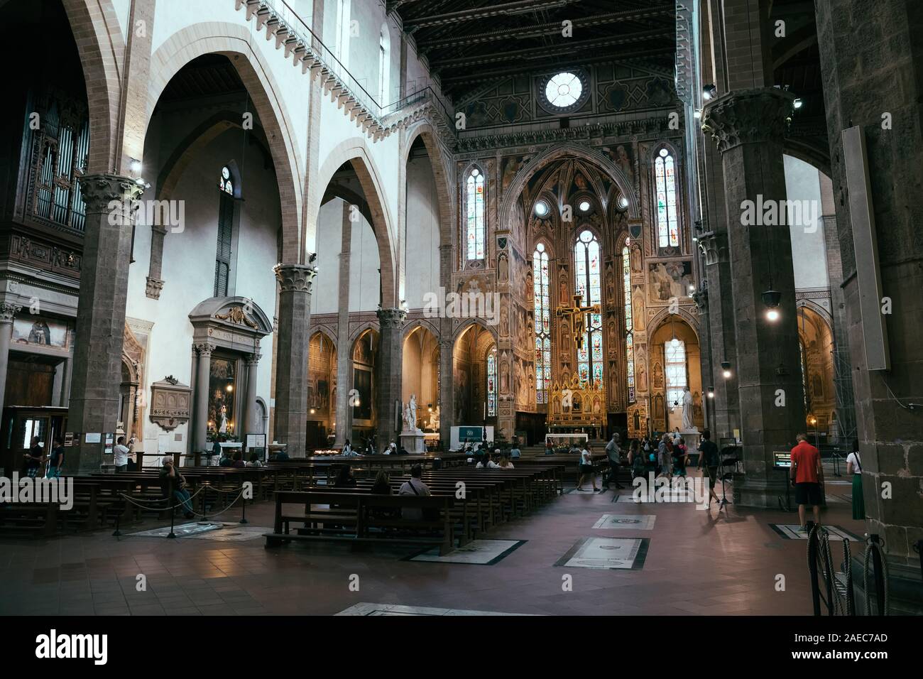 Florence, Italy - June 24, 2018: Panoramic view of interior of Basilica ...