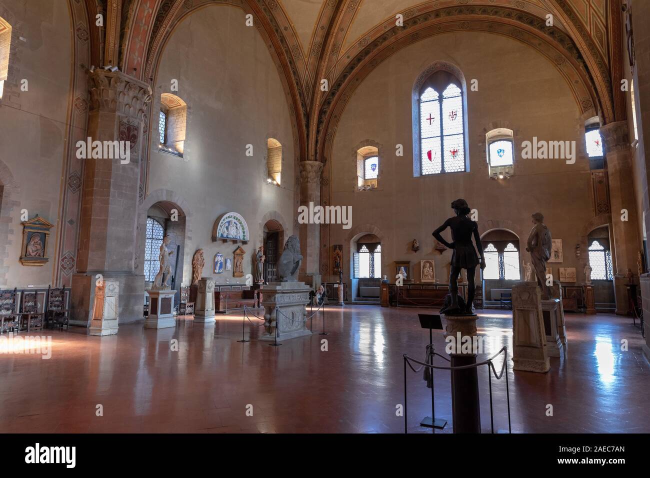 Florence, Italy - June 24, 2018: Panoramic view of interior in Bargello ...