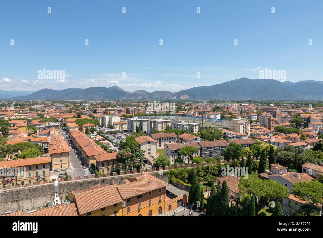 Panoramic view of Pisa city with historic buildings and far away ...