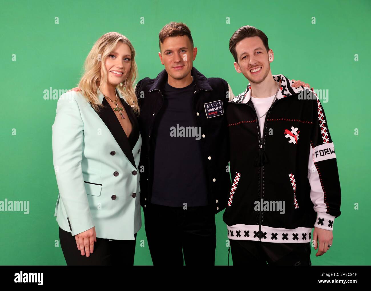 Ella Henderson, Jimmy Hill and Sigala (right) backstage in the on air ...