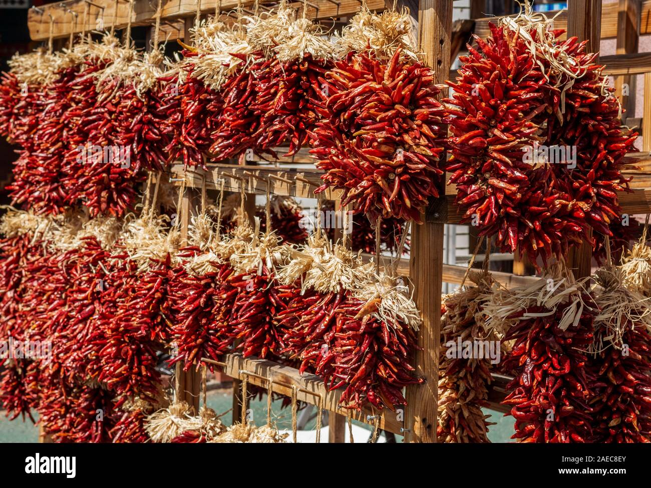 New Mexico red chile pepper ristras and wreaths, Santa Fe, New Mexico ...