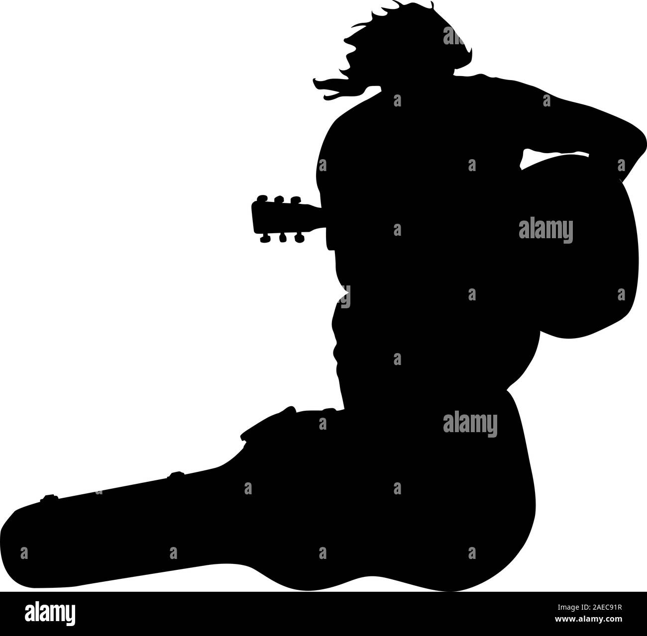 Silhouette musician guitar player sitting on the case. Vector ...
