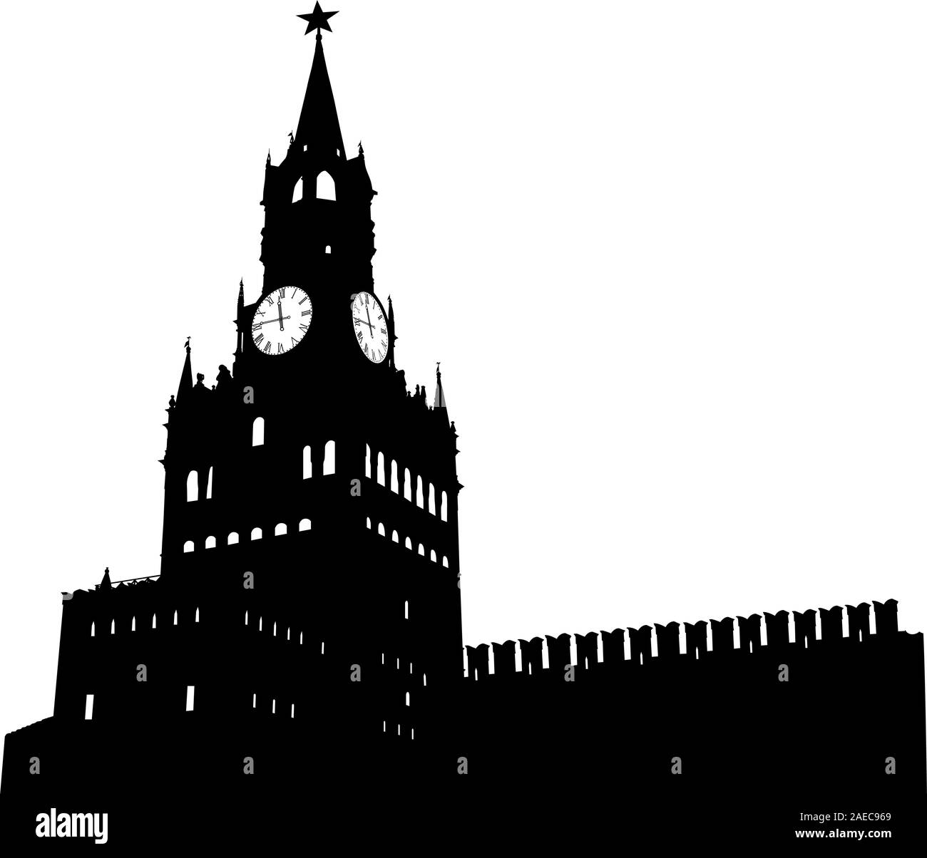 Moscow, Russia, Kremlin Spasskaya Tower with clock, silhouette, vector ...