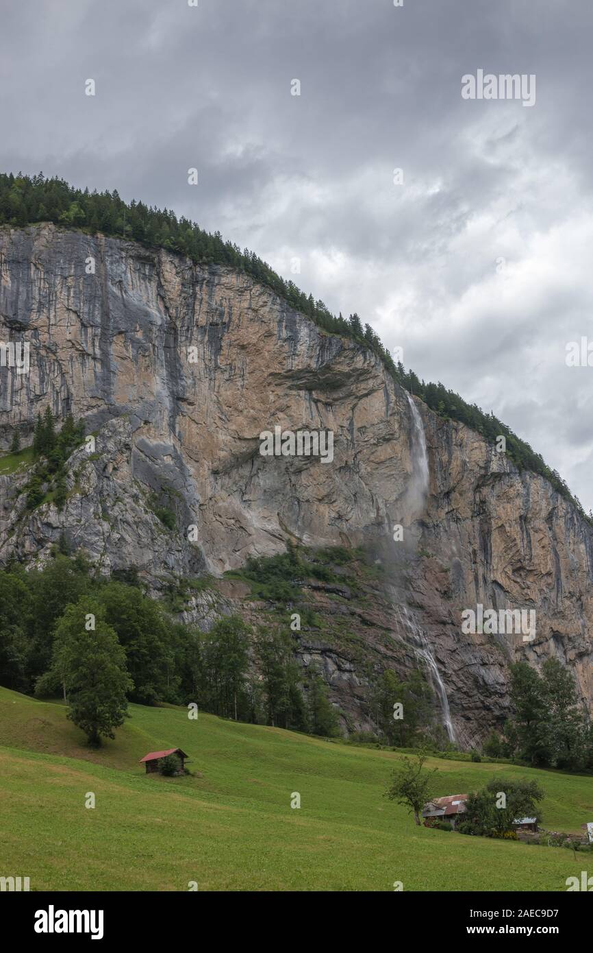 View closeup waterfall Staubbach fall in mountains, valley of ...