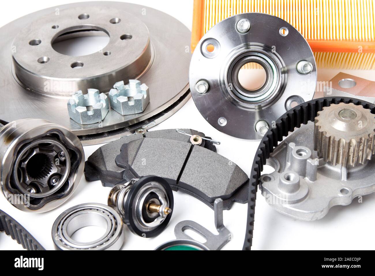 New car parts background .Hub, pump, brake pads, filter, timing belt ...