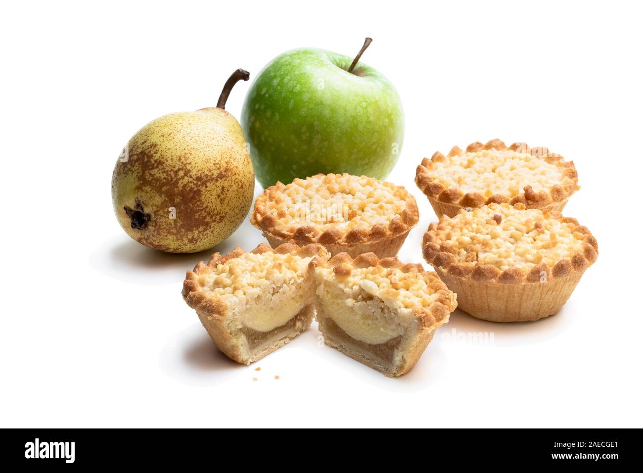 Mini apple and pear custard crumble tarts isolated on white Stock Photo ...