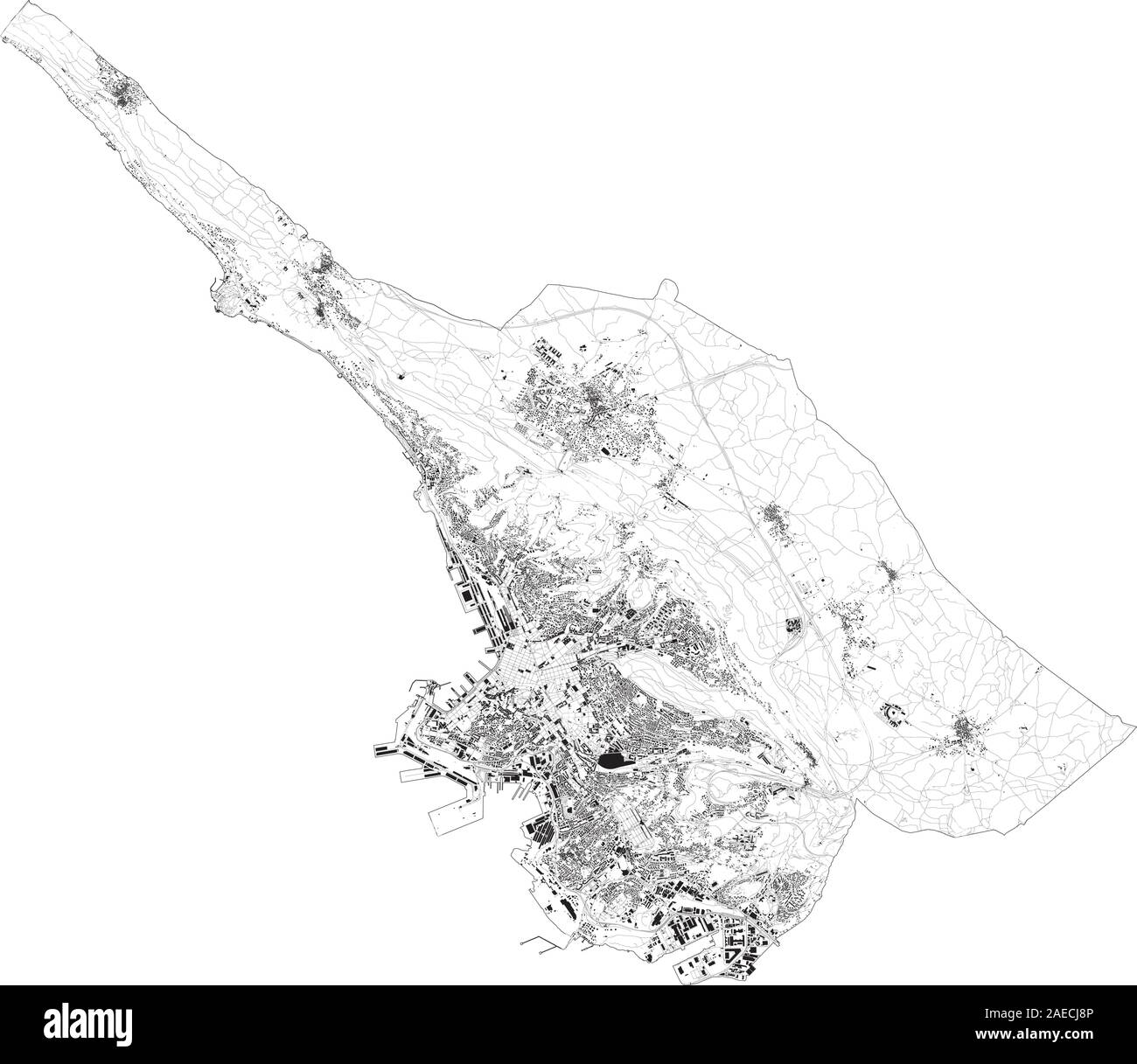 Satellite map Trieste, towns and roads, buildings and connecting roads ...
