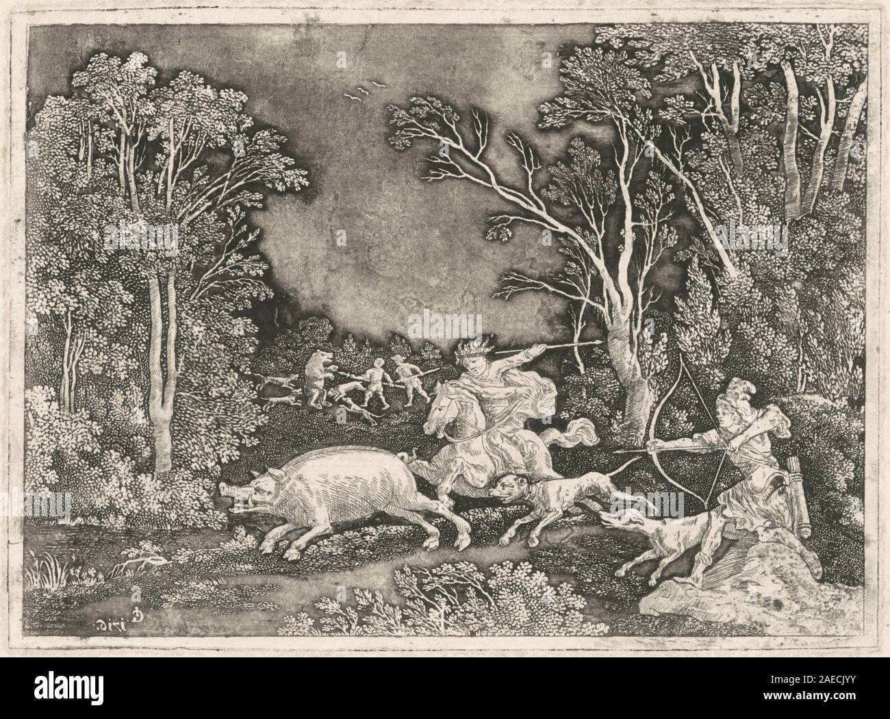 Gerhard Janssen's 'Antique Boar Hunt' (1716) depicts hunters with ...