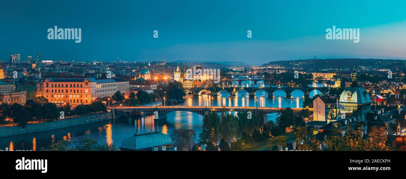 Prague, Czech Republic. Evening Panoramic View Of Evening Cityscape In ...