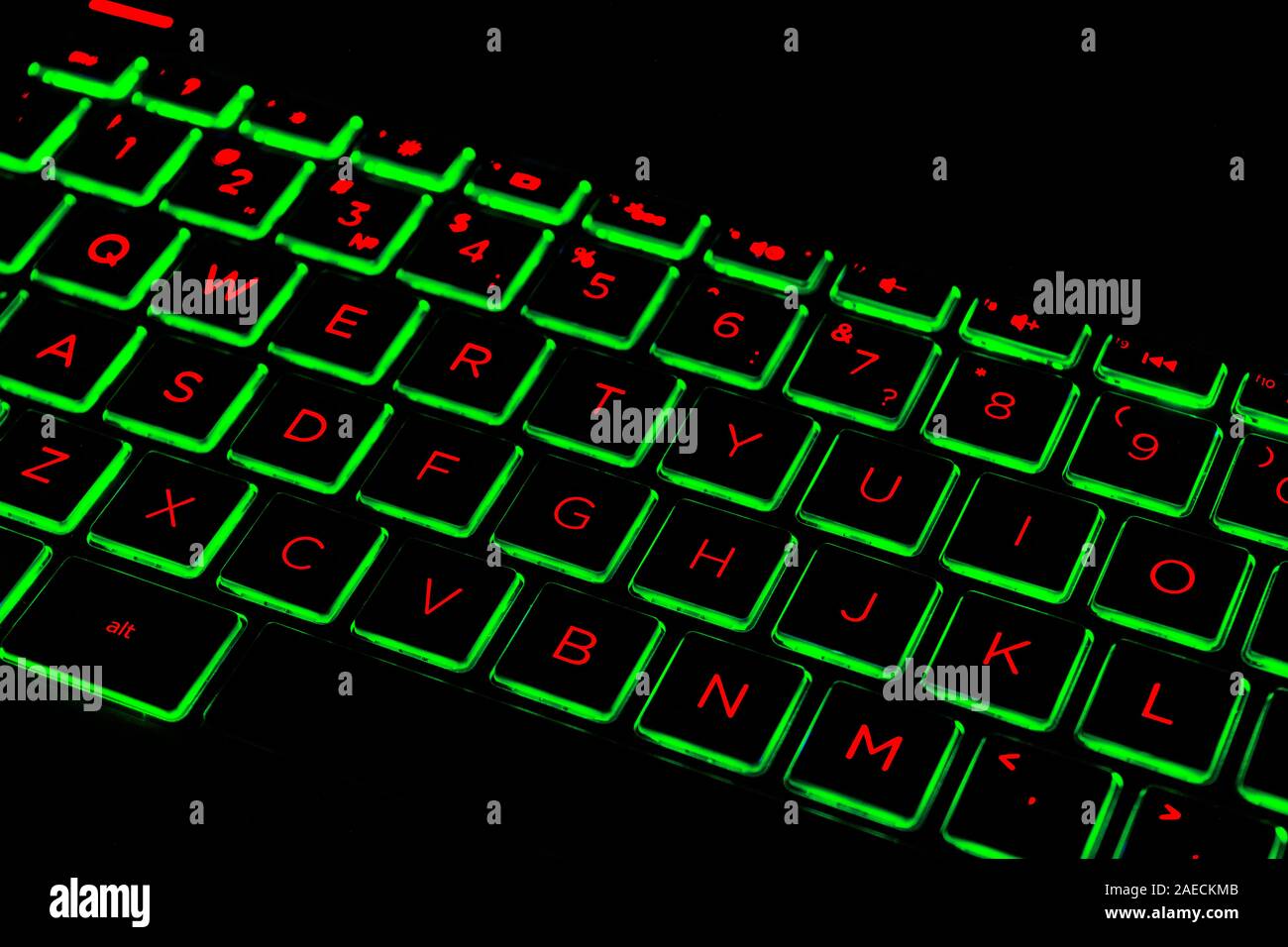 Close up view of a modern laptop computer keyboard keys. Soft lightning ...