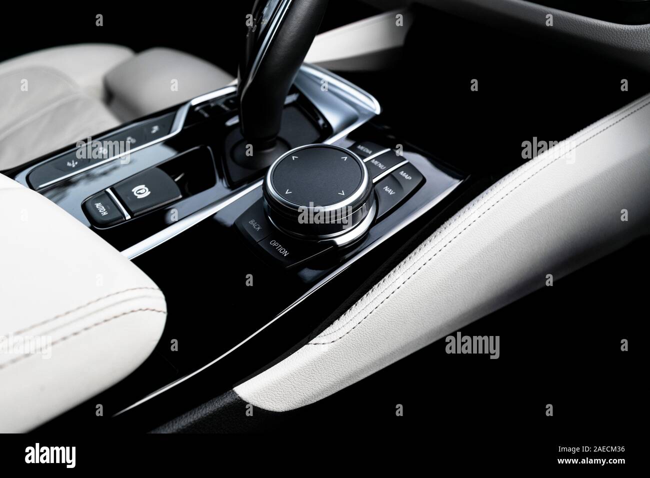 Media and navigation control buttons of a Modern car. Car interior ...