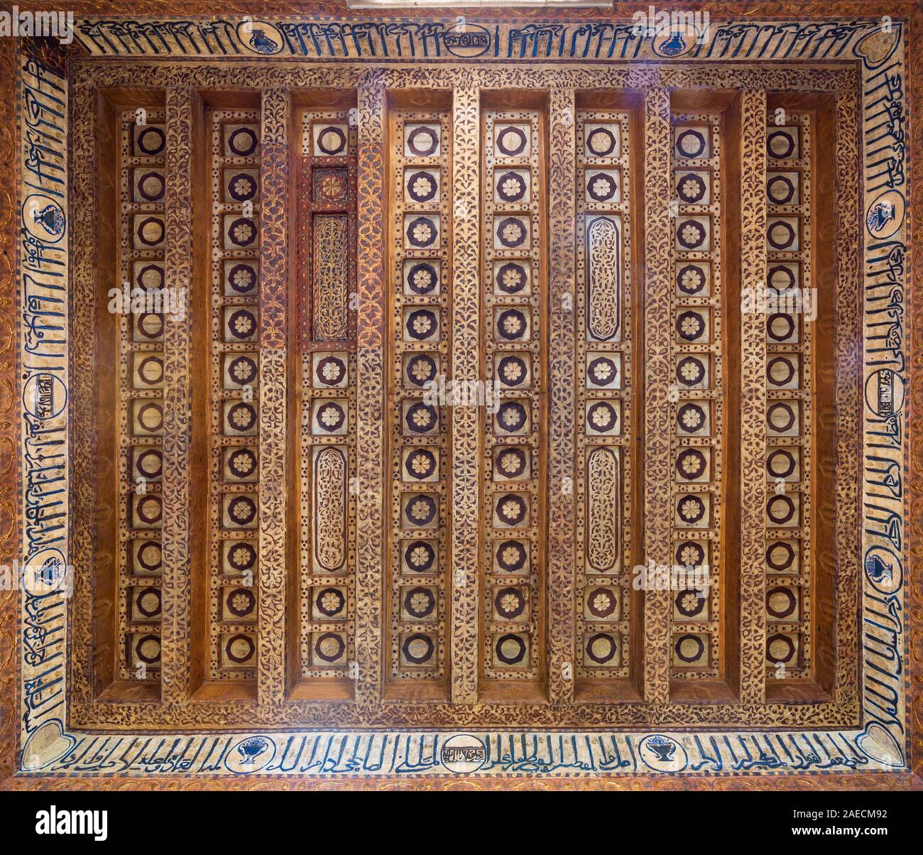 Wooden ceiling decorated with floral patterns and calligraphy at Mamluk ...