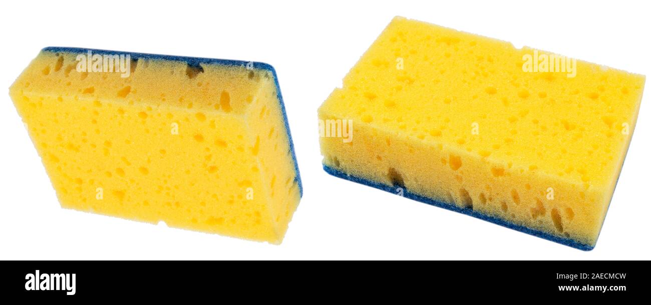 Macro shot of a surface of plastic yellow sponge isolated on white ...