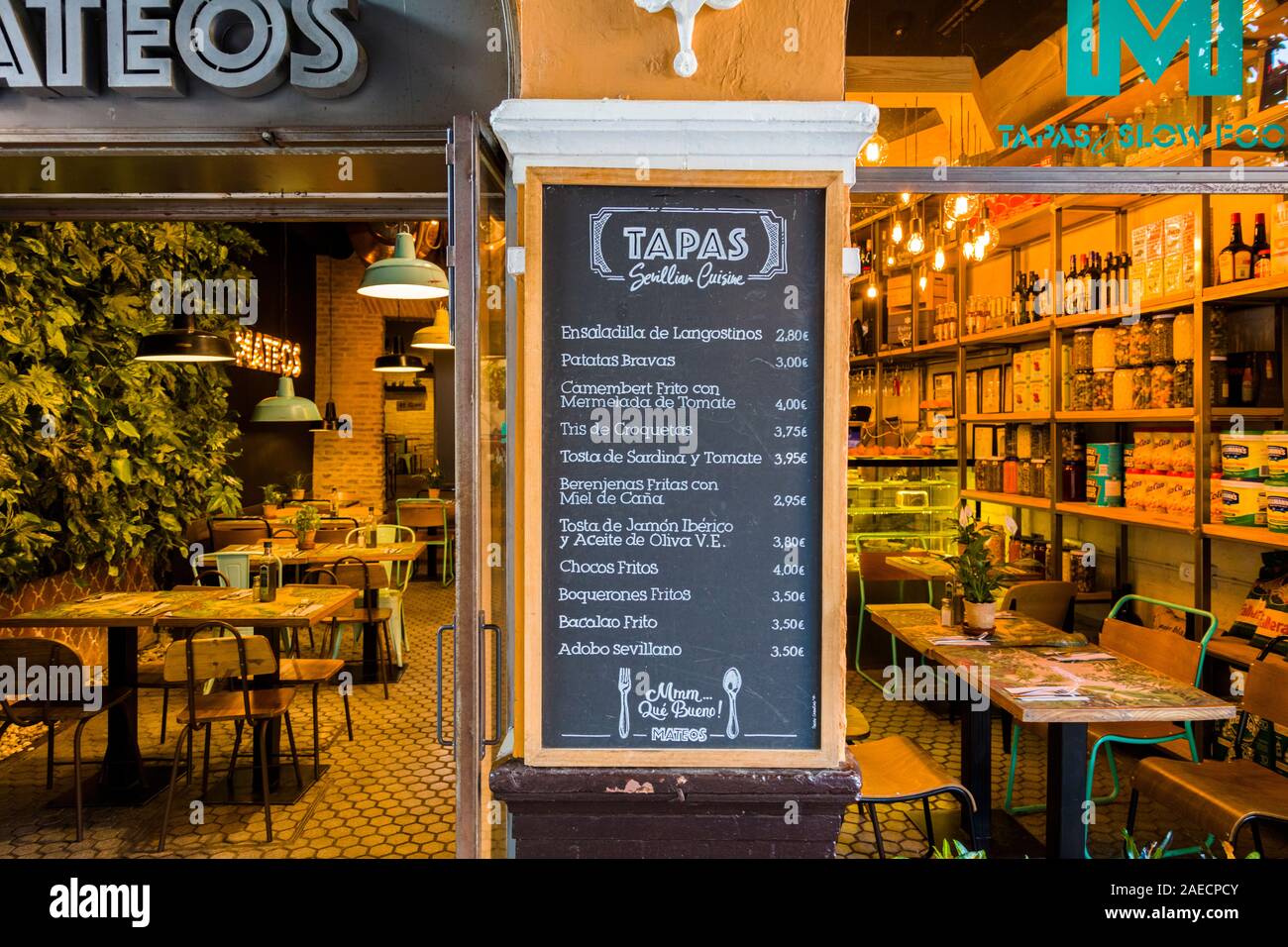 Menu boards outside cafe in Seville in Andalusia Spain Stock Photo - Alamy