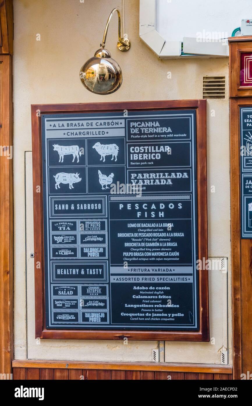 Menu boards outside cafe in Seville in Andalusia Spain Stock Photo - Alamy